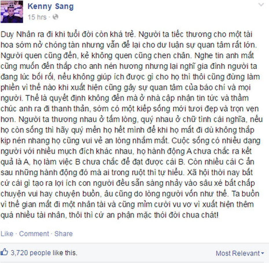 Kenny Sang ‘đá xéo trò mèo’ trong đám tang Duy Nhân gây xôn xao