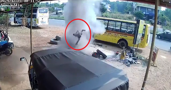 Lốp xe nổ tung, thợ sửa xe nhận "đòn trời giáng" bay cao gần 2m