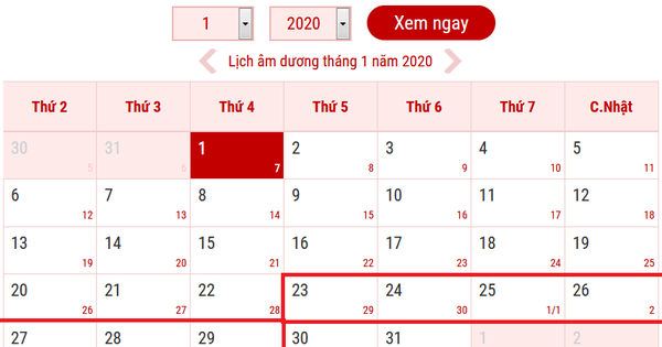 Lịch nghỉ chính thức Tết nguyên đán Canh Tý năm 2020